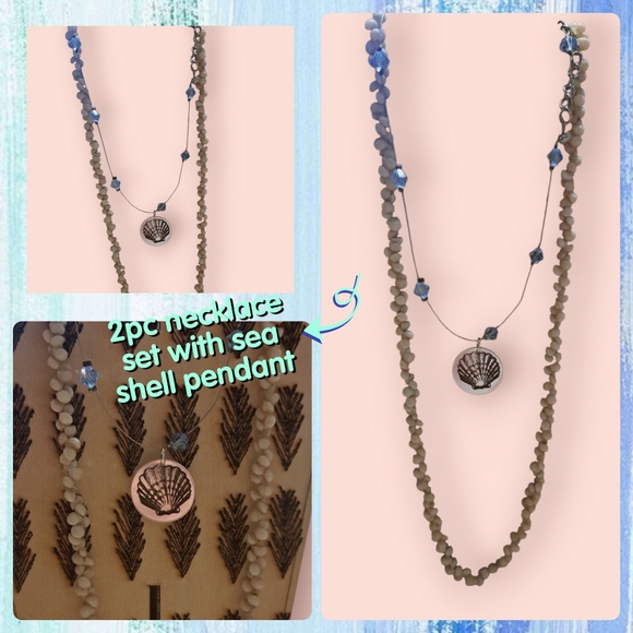 Jewelry | Elegant Blue And Silver Necklace Set With Sea Shell Pendant ...